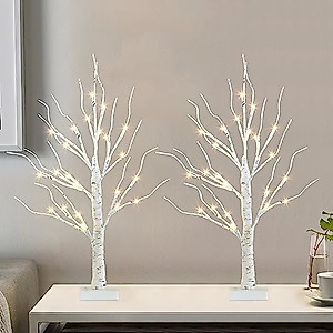 Vanthylit Tabletop Christmas Tree, White Birch Tree with LED Lights- Set of 2, Warm White Small Tree Lights Battery Powered Timer, Lighted Tree for Mantle Christmas Decorations (2FT, 24LED)