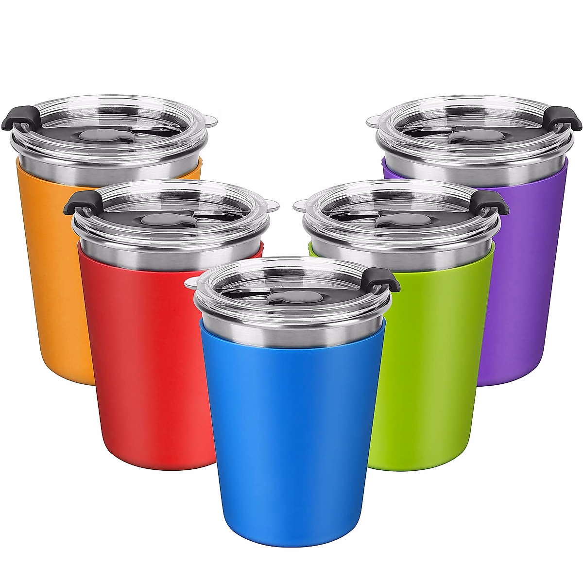 Kids Stainless Steel Cups, 12oz Kids Metal Drinking Glasses with Lids and Sleeves, Unbreakable Spill Proof Cups for Kids and Adults, Stacking Sippy Cups for Hot Chocolate & Cold Drinks 5Pack