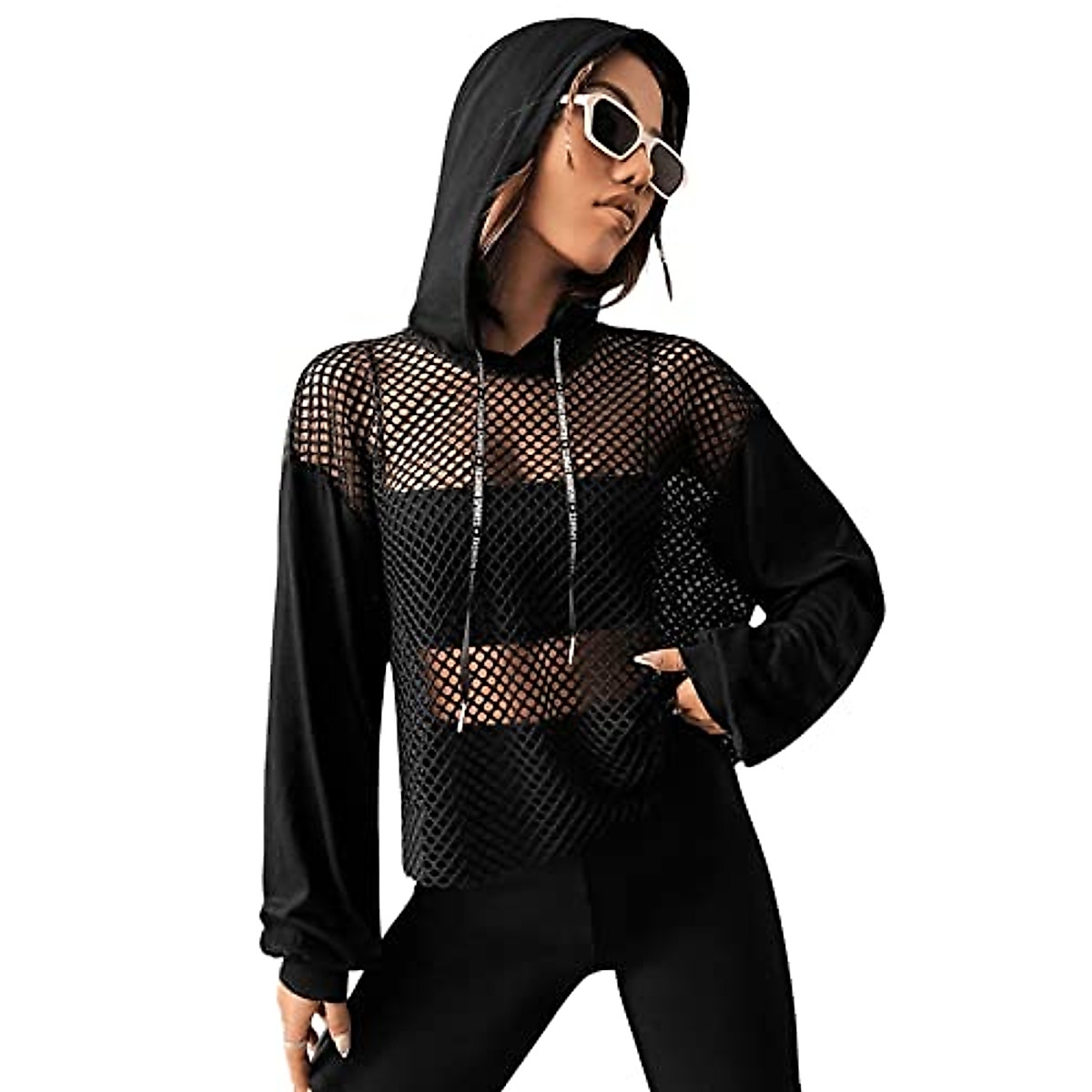 Verdusa Women's Sexy See Through Fishnet Long Sleeve Drawstring Hoodie Top Sweatshirt Black M