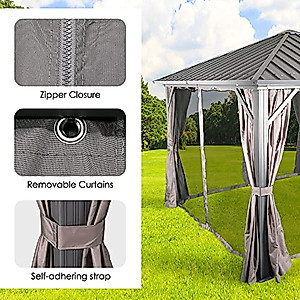 10' x 10' Hardtop Gazebo, Heavy-Duty Hardtop Non-Rust Aluminum Permanent Pergola Shelter Tent with Galvanized Steel Canopy Roof, Mosquito Netting and Privacy Curtain (Gray)