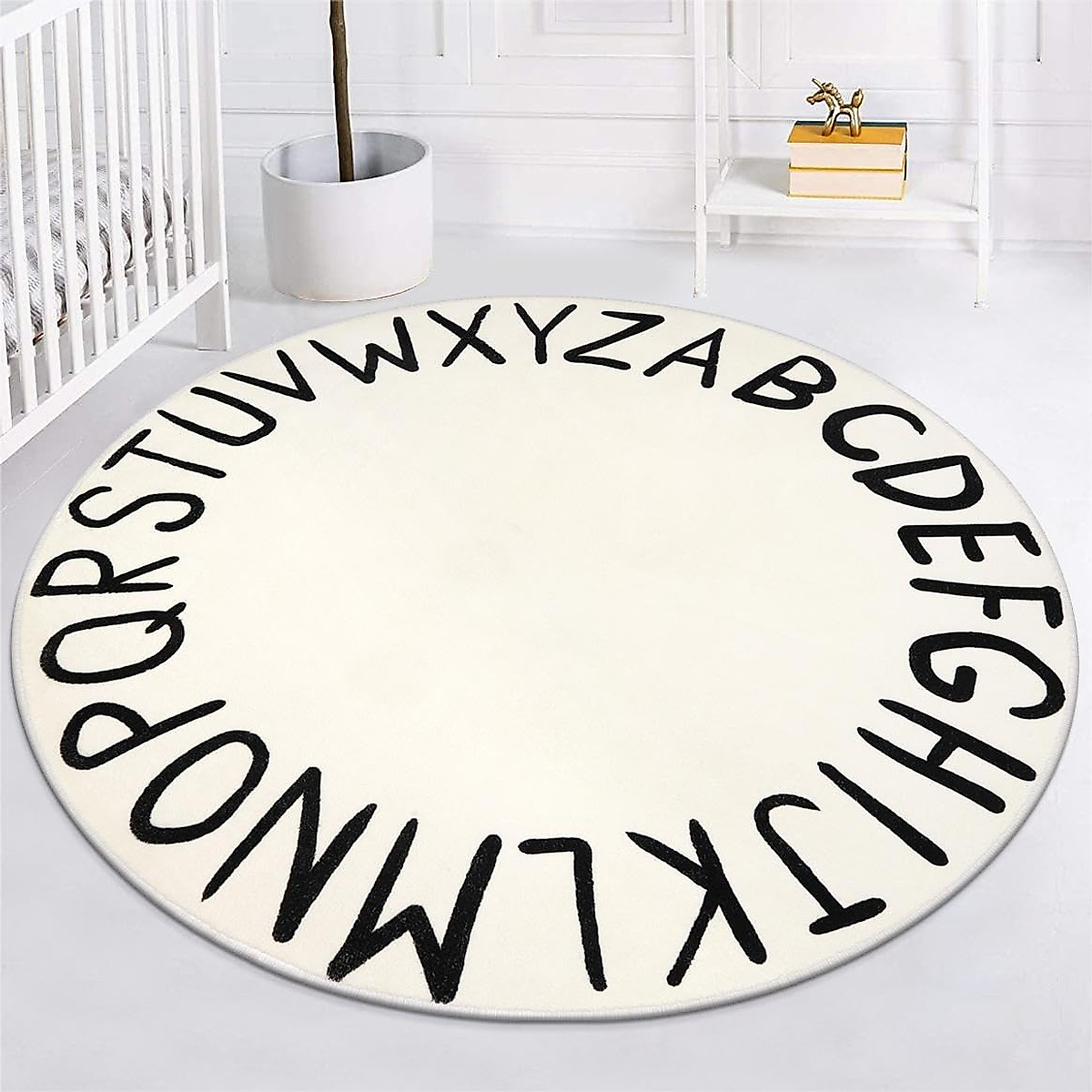 LIVEBOX ABC Play Room Round Kids Rug Circle for Playroom, Learning Nursery Rug Alphabet Washable Rug for Baby Boy and Girl Bedroom, Non-Slip Educationa Carpet for Toddlers (59",Black,Beige)