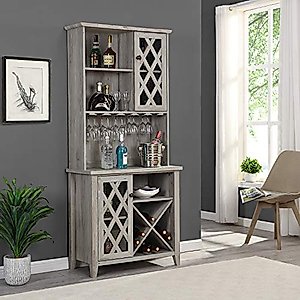 Home Source Home Lounge or Kitchen Bar Mix of Two Cabinets with Diamond Engraved Design and a Twelve Bottle Wine Rack, Grey