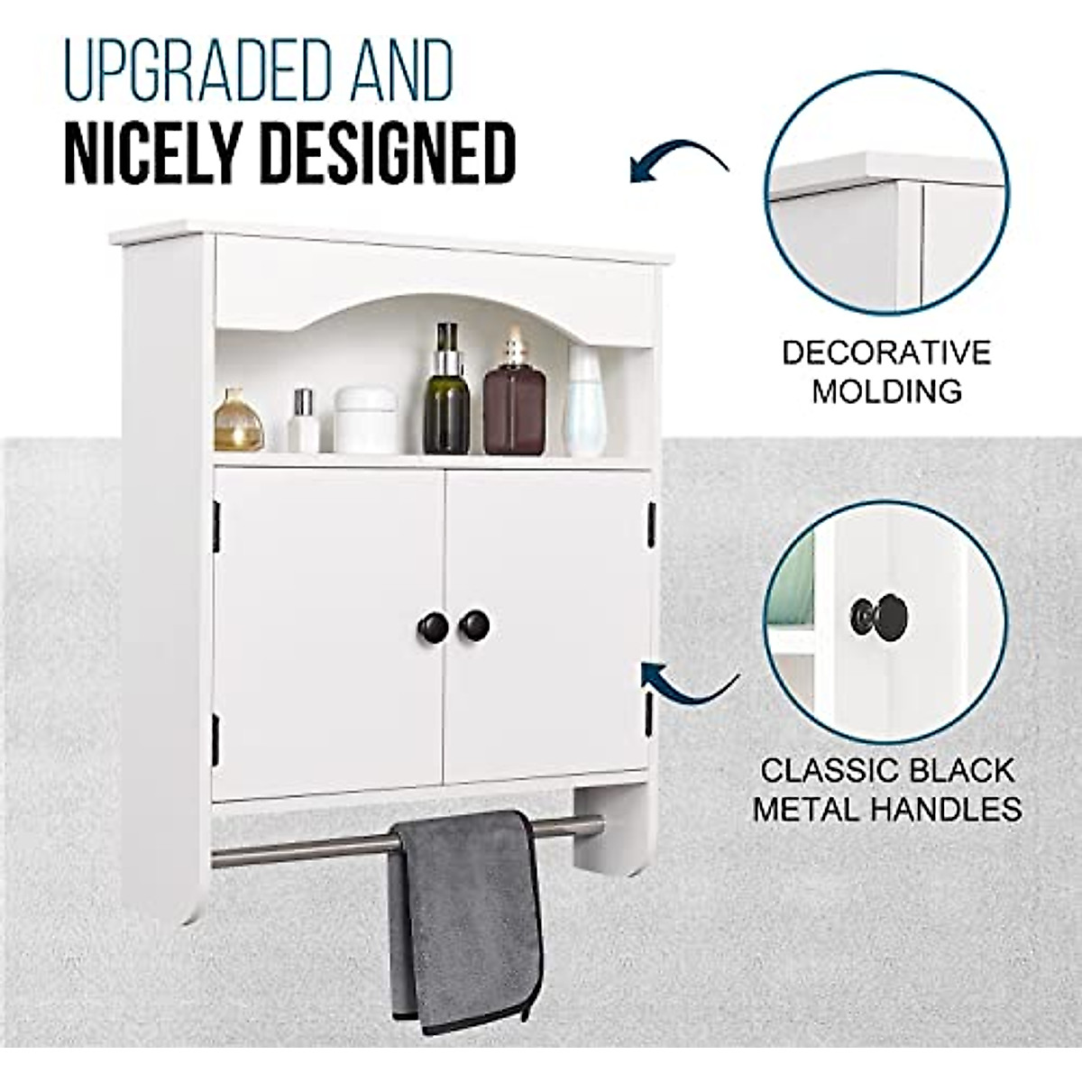LUCYPAL Bathroom Cabinet Wall Mounted with Doors, Wooden Hanging Cabinet, Bathroom Cabinet with Towel Bar Over The Toilet, Bathroom Wall Cabinet White