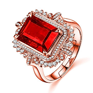 Uloveido Rose Gold Plated Emerald Cut 5 CT Simulated Ruby Ring, Adjustable Red CZ Birthstone Rings Wedding Engagement Rings Women Y988