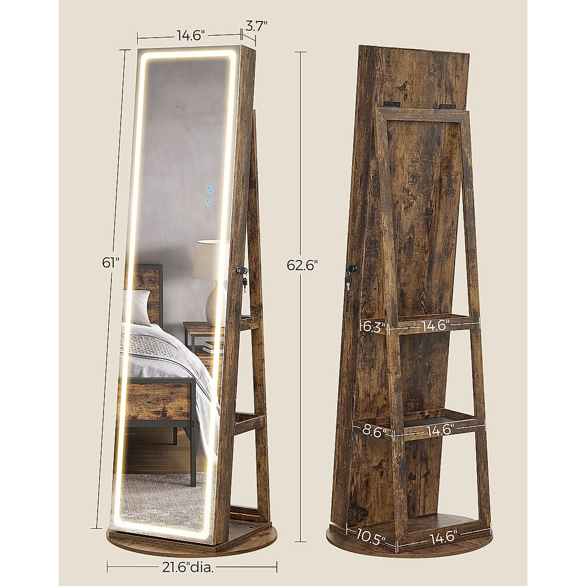 SONGMICS LED Mirror Jewelry Cabinet Standing, Lockable Jewelry Armoire with Full-Length Mirror and Adjustable LED Lights, Space-Saving Jewelry Organizer with Mirror, Gift Idea, Rustic Brown UJJC008X01