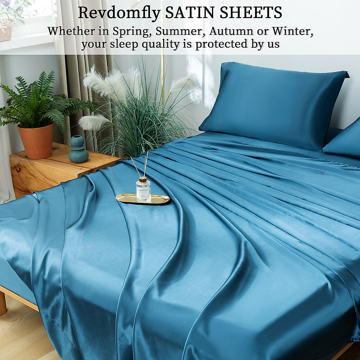 Revdomfly 4 Pcs Full Size Luxury Silky Soft Navy Blue Satin Sheet Set,1 Premium Moisture Wicking Fitted Sheet Fits Up to 16 Inches Deep Pocket + 1 Flat Sheet + 2 Pillowcases（Navy Blue, Full）