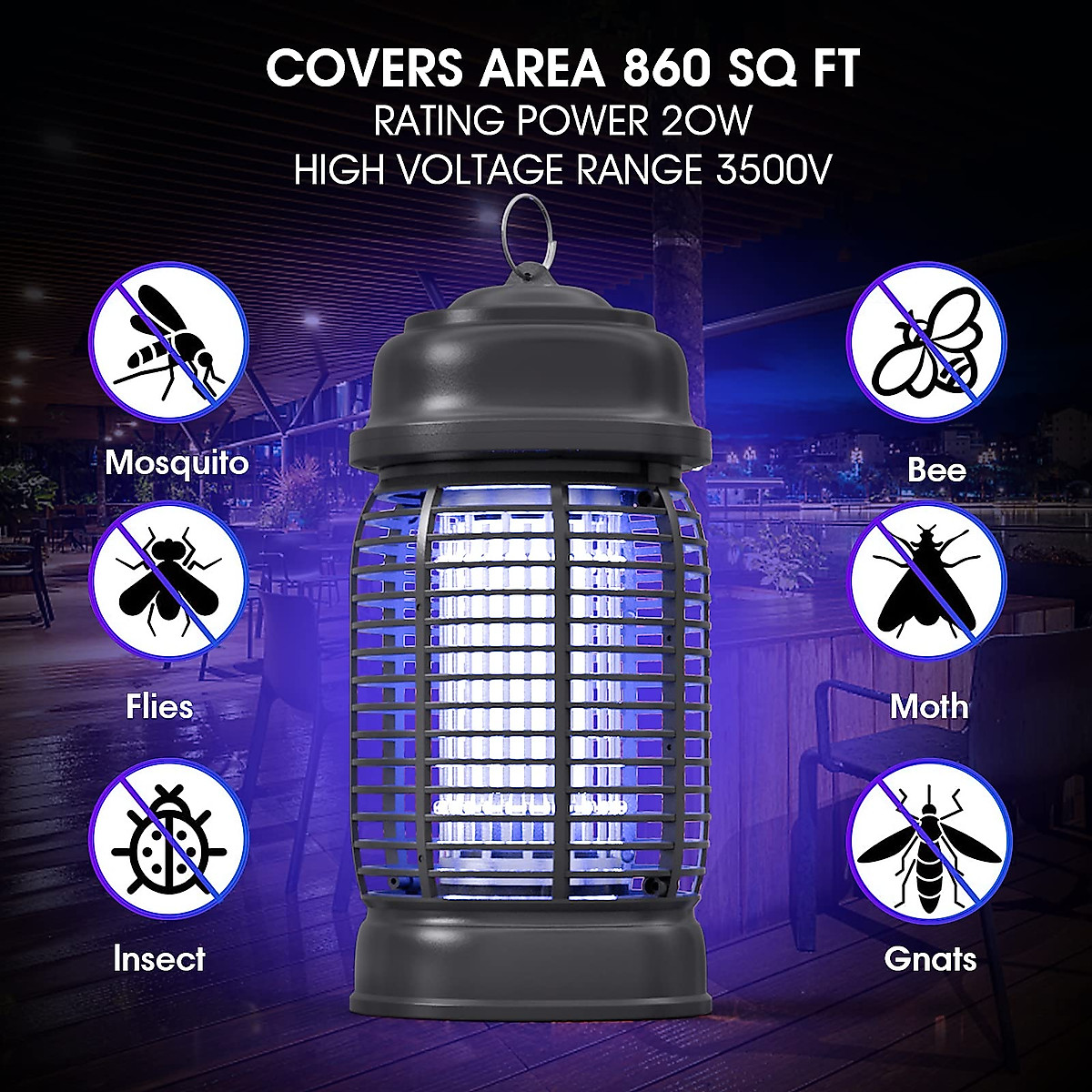 Bug Zapper, imirror Outdoor Bug Zapper, Waterproof Electronic Mosquito Zapper Fly Zapper for Outdoor and Indoor - 20W Black