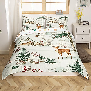 Feelyou Christmas Deer Elk Duvet Cover Set Merry Christmas Pine Tree Bedding Set Twin Size for Boys Girls Bedroom Bed Decor Winter Christmas Xmas Comforter Cover Xmas Quilt Cover for All Season
