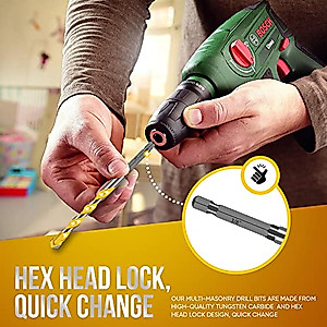 Baker and Bolt Masonry Drill Bit Set, 5 Pcs Concrete Drill Bit Set, for Ceramic Tile Brick Wood Plastic Cement. Impact Ready. Tungsten Carbide Tips 5.12'' Long, Sizes 3/16, 1/4, 5/16, 3/8, 1/2.