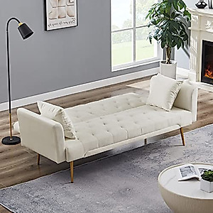 3 in 1 Loveseat Sofa Sleeper Couch Bed, 2 Seater Sofa & Couch Tufted Upholstered Adjustable Backrest Futon Convertible Sleep Daybed for Living Room Beige Velvet with 2 Pillows Metal Legs