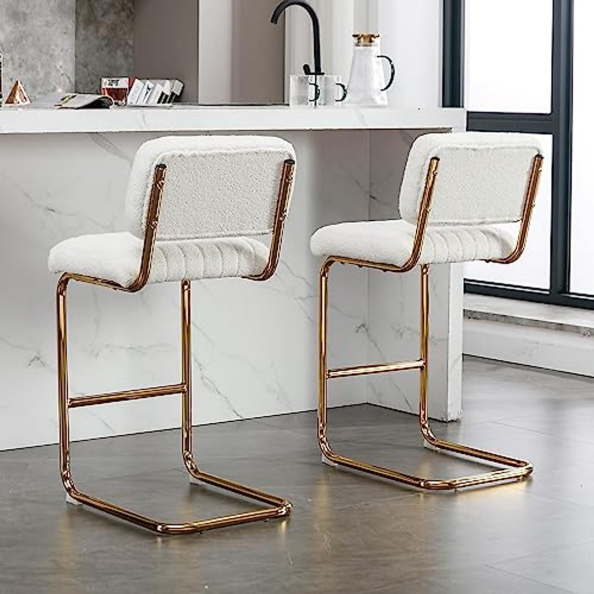 USIIN Mid-Century Modern Counter Height Bar Stools for Kitchen Set of 2, Armless Bar Chairs with Gold Metal Chrome Base for Dining Room, Upholstered Boucle Fabric Counter Stools,Ivory