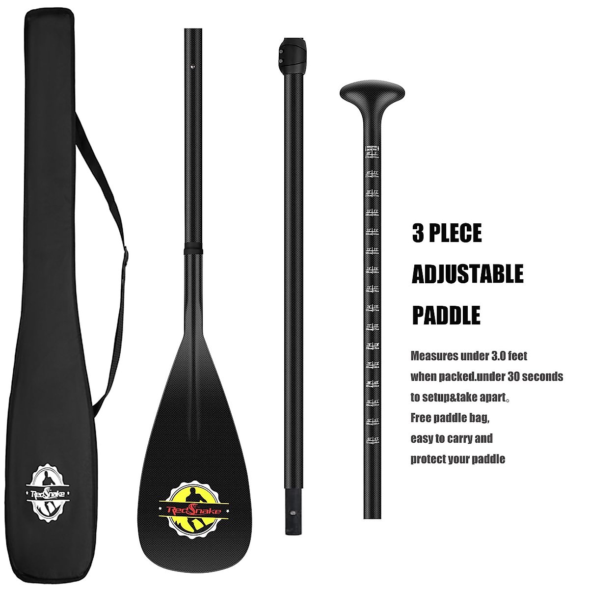 Full Carbon Fiber SUP Paddle - 3 Piece Adjustable Stand Up Paddle Board Paddles - reliable, Lightweight & Floating Paddleboard Oar Hyrdrodynamic Blade for Power Performance for Efficient Strokes