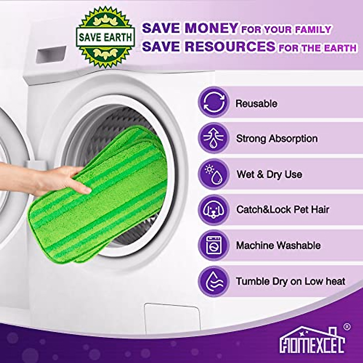 HOMEXCEL Microfiber Mop Pads Compatible with Swiffer Wet Jet,Reusable Machine Washable Swiffer WetJet Mop Pad Refills,Mop Head Replacements for Multi Surface Wet & Dry Cleaning,Pack of 2