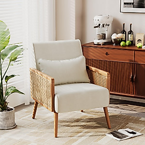 Mid Century Rattan Accent Chair Set of 2, Wooden Upholstered Leisure Armchair with Rattan Armrest, Modern Comfy Reading Accent Chair, for Living Room Bedroom Lounge Side Boho Club Chair, Beige