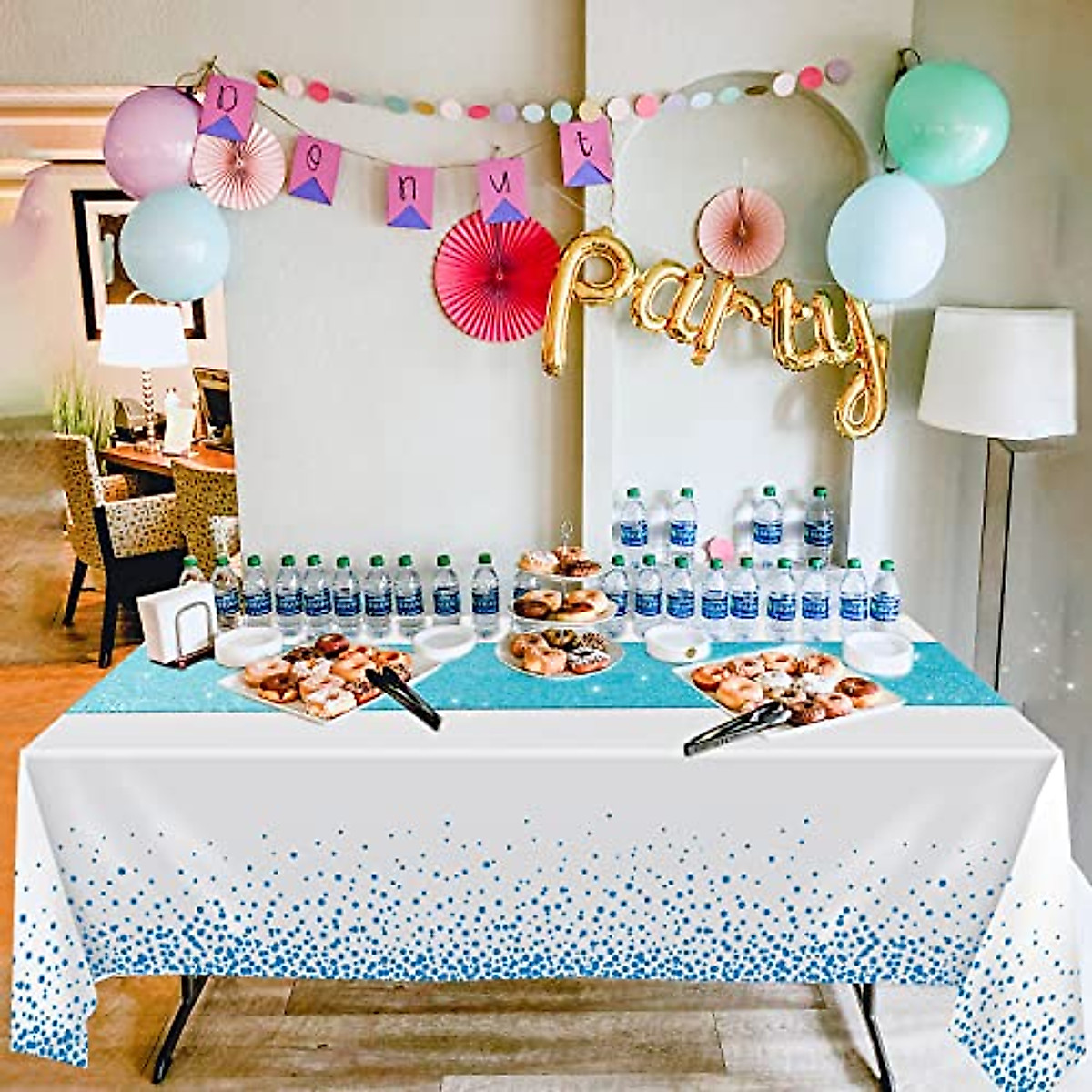 FGSAEOR Blue Tablecloth, 12x108inch Sequins Table Runners and 54x108inch Plastic Table Cloths for Party Decorations, Sparkling Party Supplies Table Cover for Indoor Outdoor Parties