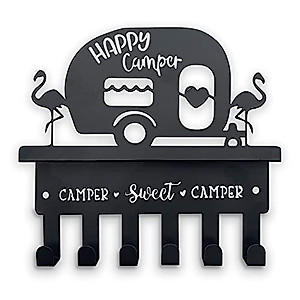 Camper Key Holder for Wall Decorative, Camping Decor, Camper Accessories for Travel Trailers, Metal Key Rack Hanger with Shelf and 6 Hooks, Camper Gifts, Rustic RV storage and organization for Wall
