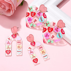 Heart Earrings Love XOXO Heart Message Printed Lucite Arch Dangle Earrings Galentines Valentines Day Gifts for Her Women