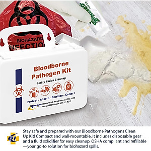 MFASCO Blood Borne Pathogens Clean Up Kit - Wall-Mountable or Portable - OSHA Compliant - Disposable Protection Gear - Bleach-Free Solidifier - Easy Cleanup - Compact Design - Refillable - 9 Pcs