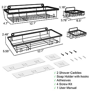 SIMCAS Shower Caddy, 4-Pack Shower Shelves, Bathroom Shower Organizer with hooks, Traceless Adhesive or Drilling Shower shelf for inside shower, Rustproof Shower Rack & Kitchen Spice Rack Food Storage