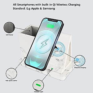 Wireless Charger with Desk Organizer, Wireless Charging Station for iPhone 14/14 Pro/13/12/11/Samsung Galaxy S23/S22/S21/S20/Note 20/Note 10, Wireless Charging Stand with Leather, Marble