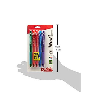 Pentel WOW! Colors Retractable Ballpoint Pens, Medium Line, Assorted Ink, 5 Pack (BK440CRBP5M)