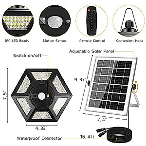 Deogos Solar Pendant Lights, Dual Head Solar Shed Lights with Motion Sensor for Outdoor,180 LED Solar Indoor Lights with Remote Control for Barn Gazebo Garage Garden Home