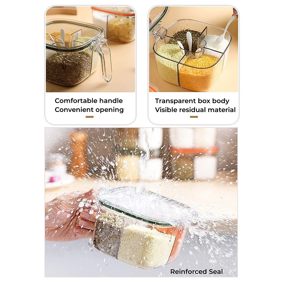 Clear Seasoning Box,4 Compartments Sealed Seasoning Box With Lid,Seasoning Box with Cover and Serving Spoons,Kitchen Condiment Jars,Plastic Seasoning Box Container Set to Storage Salt Pepper Powder