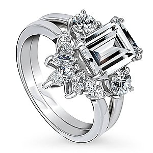 BERRICLE Sterling Silver 3-Stone Wedding Engagement Rings Emerald Cut Cubic Zirconia CZ 7-Stone Ring Set for Women, Rhodium Plated Size 8