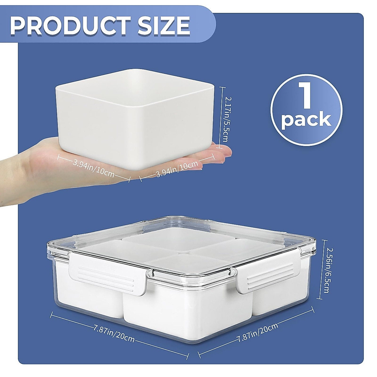 ISUSSER Square Plastic Divided Serving Tray with Lid, Snack Container, Divided Fruit Vegetable Snack Tray Container with 4 Compartments for Refrigerator