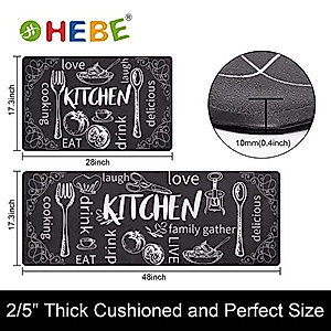 HEBE Anti Fatigue Kitchen Mat Set of 2 Non Slip Thick Cushioned Kitchen Rug Sets with Runner 17"x48"+17"x28" Heavy Duty Comfort Standing Mats Waterproof Kitchen Carpet