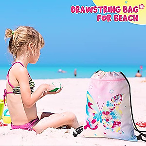WAWSAM Butterfly Drawstring Backpack for Kids - 13" x 18" Sports Gym Bag for Girls Waterproof Beach Swimming Travel Sackpack Birthday Christmas Gift with Zippered Pocket