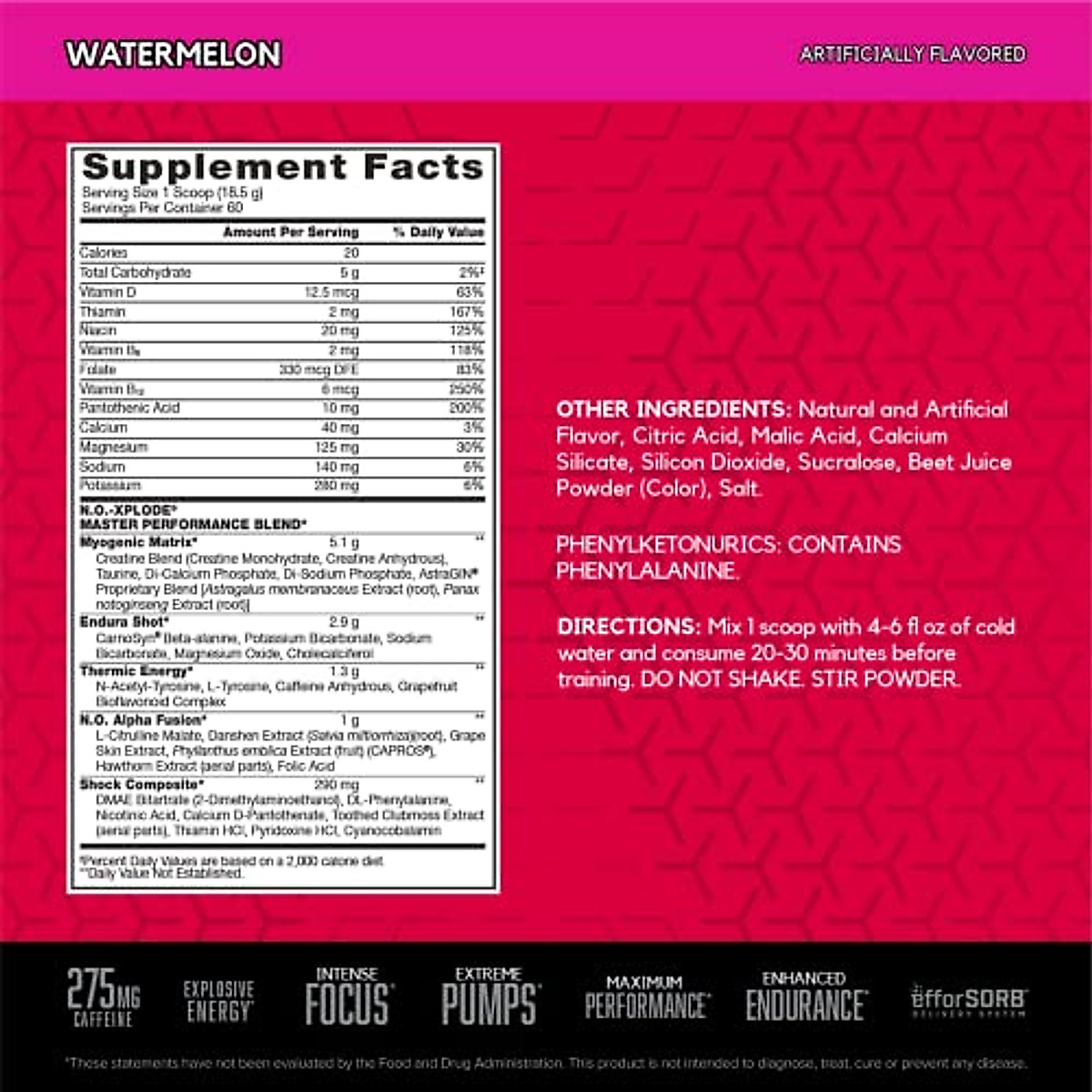 BSN N.O.-XPLODE Pre Workout Powder, Energy Supplement for Men and Women with Creatine and Beta-Alanine, Flavor: Watermelon, 60 Servings