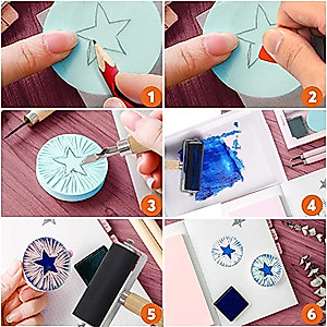 Rustark 24 Pieces Block Printing Starter Tool Kit with Whetstone, Stamp Block, Carving Tools, Tracing Papers,Pencil, Gloves,Eraser and Scrapper, Rubber Stamp Making Kit for Stamping and Printmaking