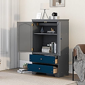 SOFTSEA Kids Armoire Wardrobe Closet with Drawers and Hanging Rod, Wooden Storage Wardrobe with Adjustable Shelf and 2 Doors, Freestanding Wardrobe Cabinet for Bedroom, Kids' Room (Gray + Blue)