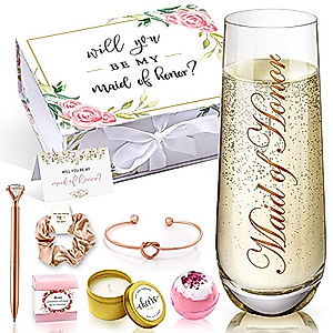 Gemwi Maid of Honor Spa Gift Box, Maid of Honor Stemless Champagne Flutes, Maid of Honor Proposal, Will You Be My Maid of Honor, Bridal Party, Wedding or Bachelorette Party