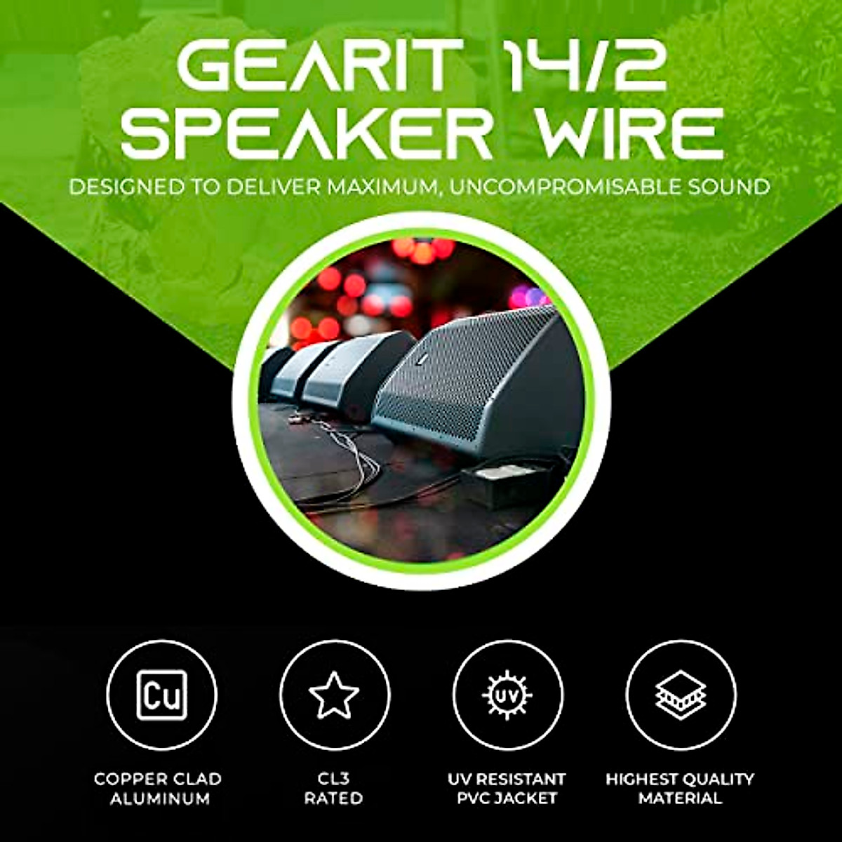 GearIT 14/2 Speaker Wire (100 Feet) 14 Gauge (Copper Clad Aluminum) - Outdoor Direct Burial in Ground/in Wall / CL3 CL2 Rated / 2 Conductors - CCA, Black 100ft
