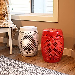 Sunnydaze Marrakesh Ceramic Garden Stool Side Table with Lattice Design - Indoor or Outdoor - 17.75-Inch H - White Glazed Finish