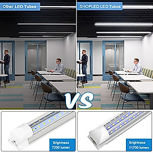 SHOPLED 8FT LED Shop Light Fixture, 90W 11700LM 6000K Cool White, D Shape, High Output, Clear Cover, T8 Linkable 8 Foot LED Tube Light for Garage with Plug, Warehouse, Workshop, 4 Pack