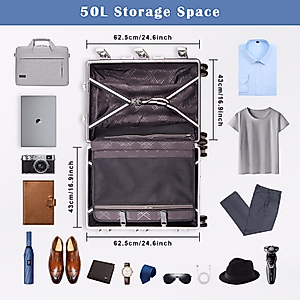 DOMINOX All Aluminum Carry On Luggage Hard Shell Luggage Aluminum Suitcase for Travel Zipperless Luggage Checked Luggage with Silent 360° Spinner Wheels 26 In. (Vertical Grain Style, Sliver)