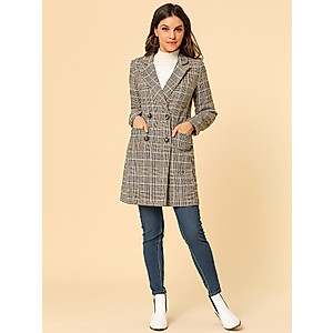 Allegra K Women's Double Breasted Notched Lapel Plaid Trench Blazer Coat Medium Brown