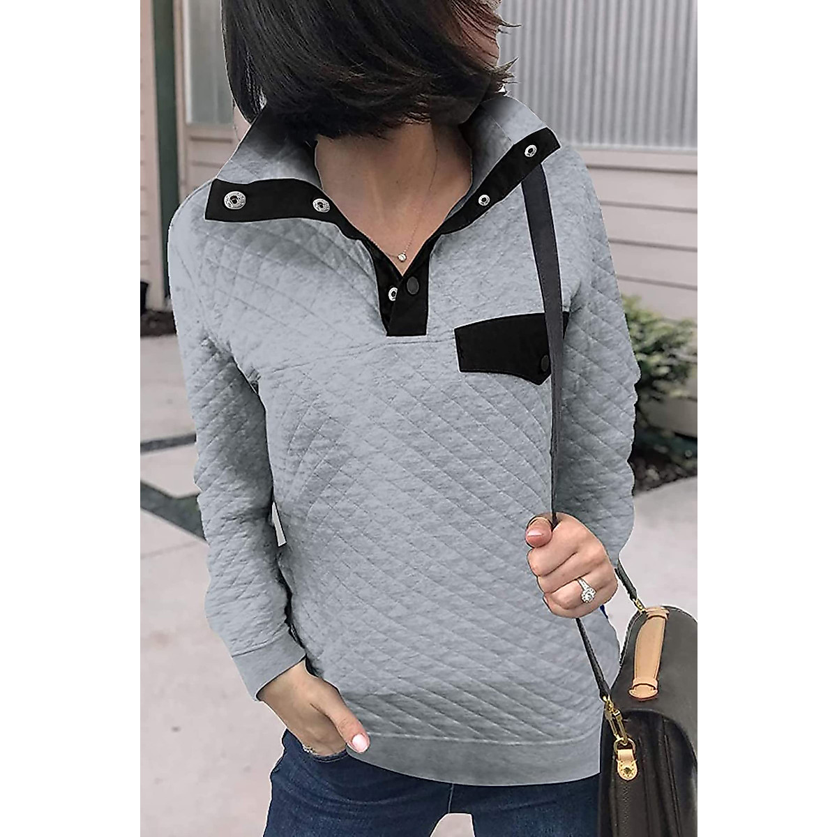 BTFBM Women Fashion Quilted Pattern Lightweight Zipper Long Sleeve Plain Casual Ladies Sweatshirts Pullovers Shirts Tops (Pure Grey, X-Large)