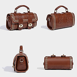 RTGGSEL Retro Vegan Leather Crossbody Shoulder Duffel Barrel Bags for Women Small Tote Satchel Handbags Purse (Wine Red)