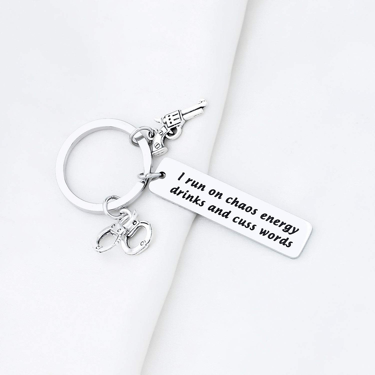 HOLLP Correctional Officer Gift Funny Curse Keychain I Run On Chaos Energy Drinks And Cuss Words Keychain Corrections Gift for Police Officer (Keychain)