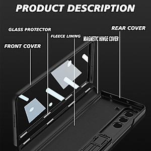 MistWorld for Samsung Galaxy Z Fold 5 case with Magnetic Hinge，Stand, Front Screen Tempered Glass Protector，Slim Shockproof Cover Black