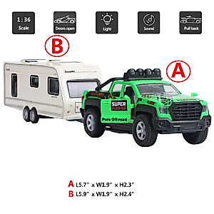 Pickup Truck Trailer Towing Toy Camper 2 in 1 Playset RV Motorhome Toys for Boys Diecast Model Car Metal Pull Back Toy Cars 1/36 Scale SUV Doors Open Light Sound Kids Birthday Gifts, Green