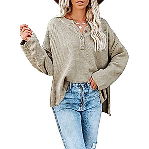 Dokotoo Womens 2023 Fall V Neck Fashion Button Cable Knit Sweater Basic Solid Soft Ladies Batwing Long Sleeve Pullover Tops Jumpers Outwear Khaki M