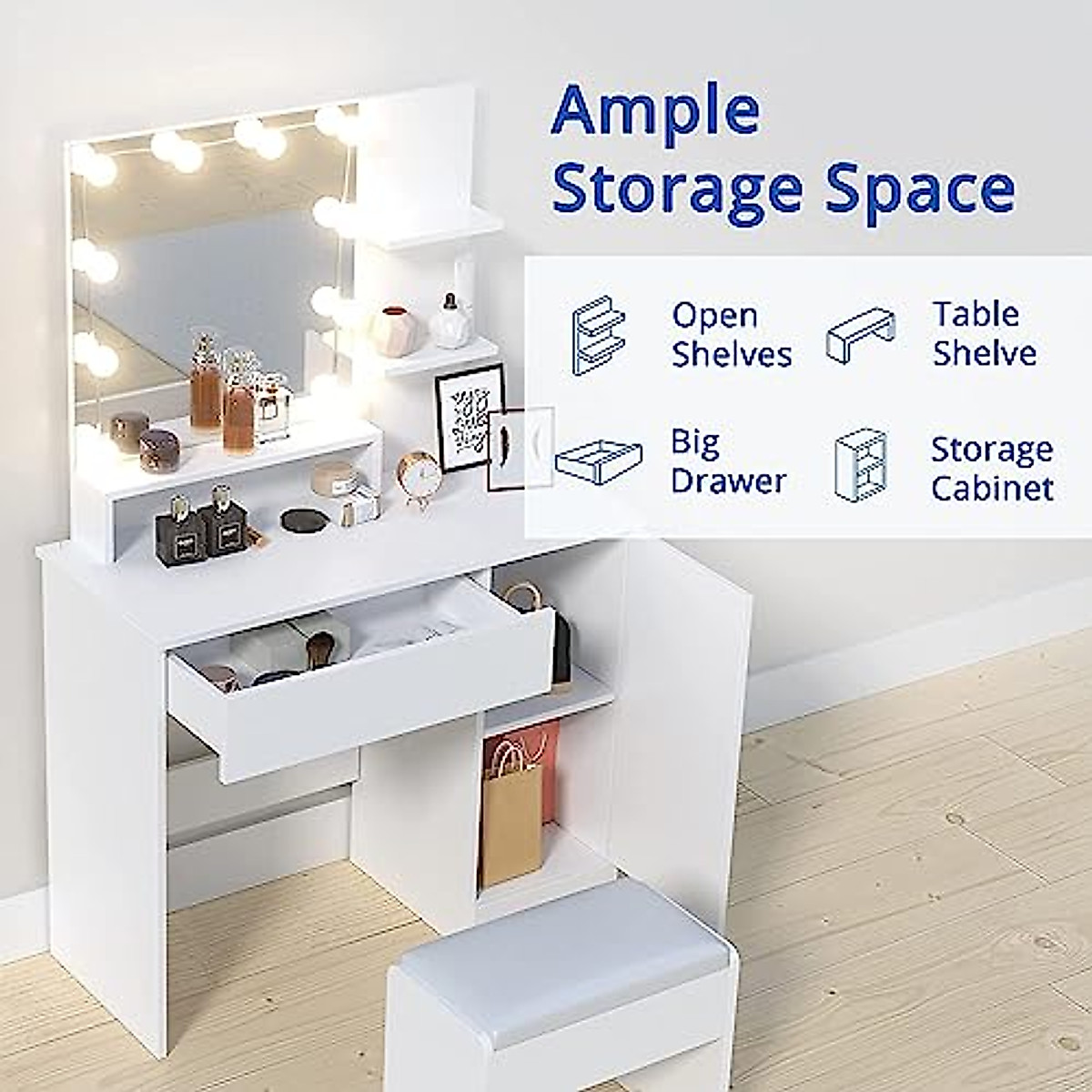 Bituman Makeup Vanity Table with Lighted Mirror, Modern Dressing Table with a Large Drawer White Vanity Set with Cushioned Stool Vanity Desk with Storage Cabinet for Women, Girls, Bedroom, White