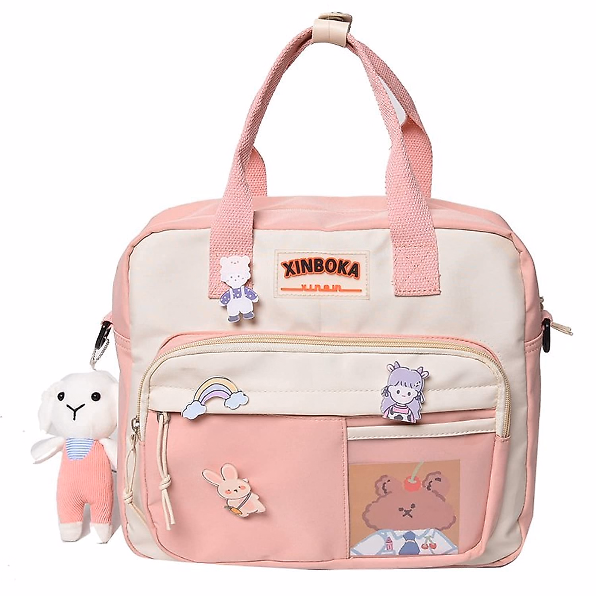 Kawaii Canvas School Backpack with Pendant, Laptop Shoulders Bag, Back to School Off to College Supplies (Pink)