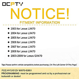 OCPTY 1X Uncut Keyless Entry Remote Control Key Fob Transmitter Replacement for 2003-2008 for Lexus LX470/ 2003-2009 for Lexus GX470 HYQ1512V 89070-60801