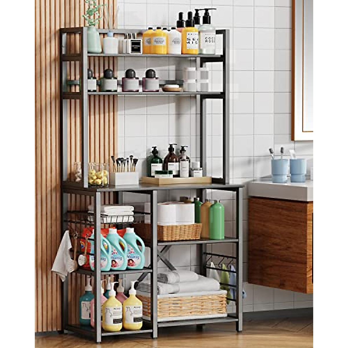 Gizoon Home Kitchen Baker's Rack with Spacious Storage, 5 Tier Versatile Microwave Stand Shelf with Basket & Side Hooks,Free Standing, Sturdy, Durable-Black